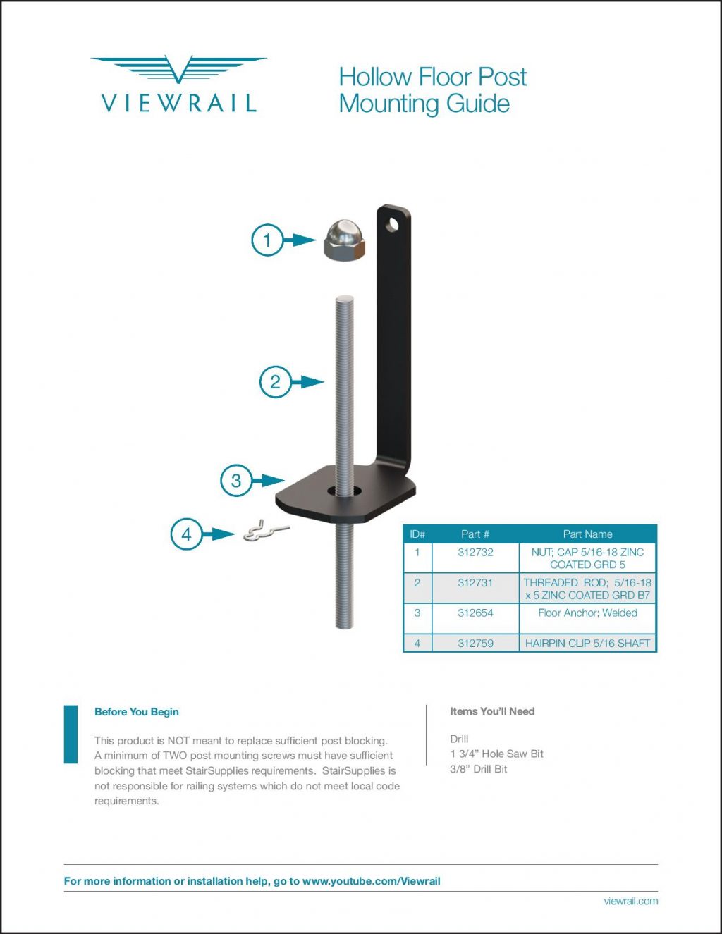 Hollow Floor Post Mounting Bracket Kit - StairSupplies™