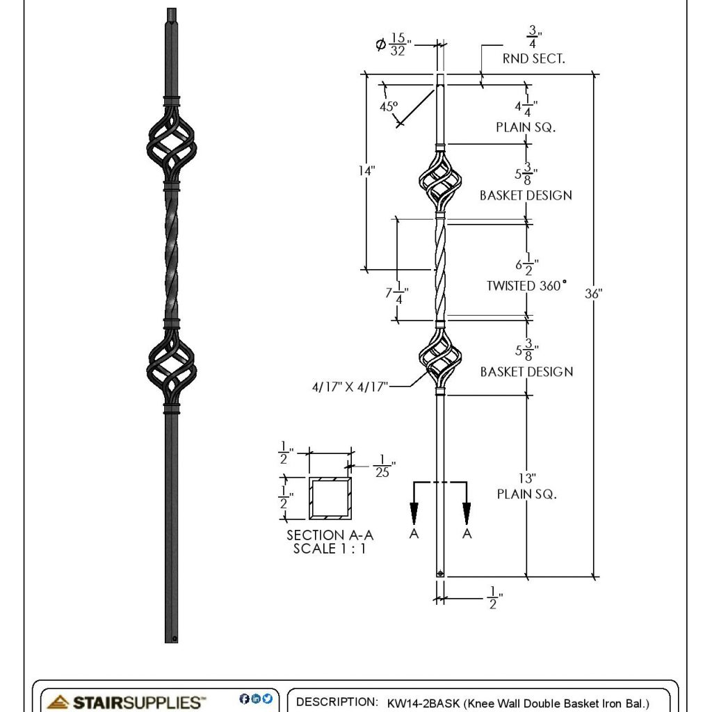 2653 Knee Wall Double Basket Iron Baluster - StairSupplies™