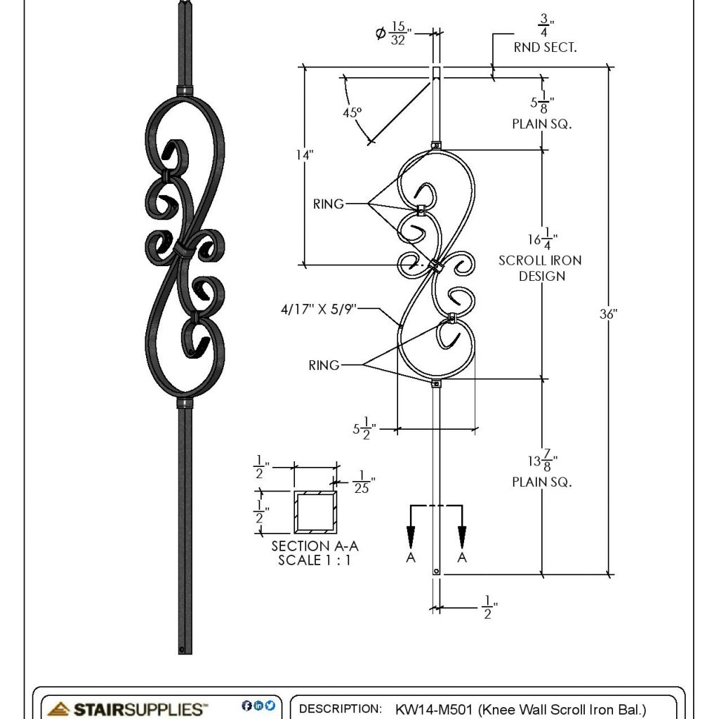 2685 Knee Wall Scroll Iron Baluster - StairSupplies™