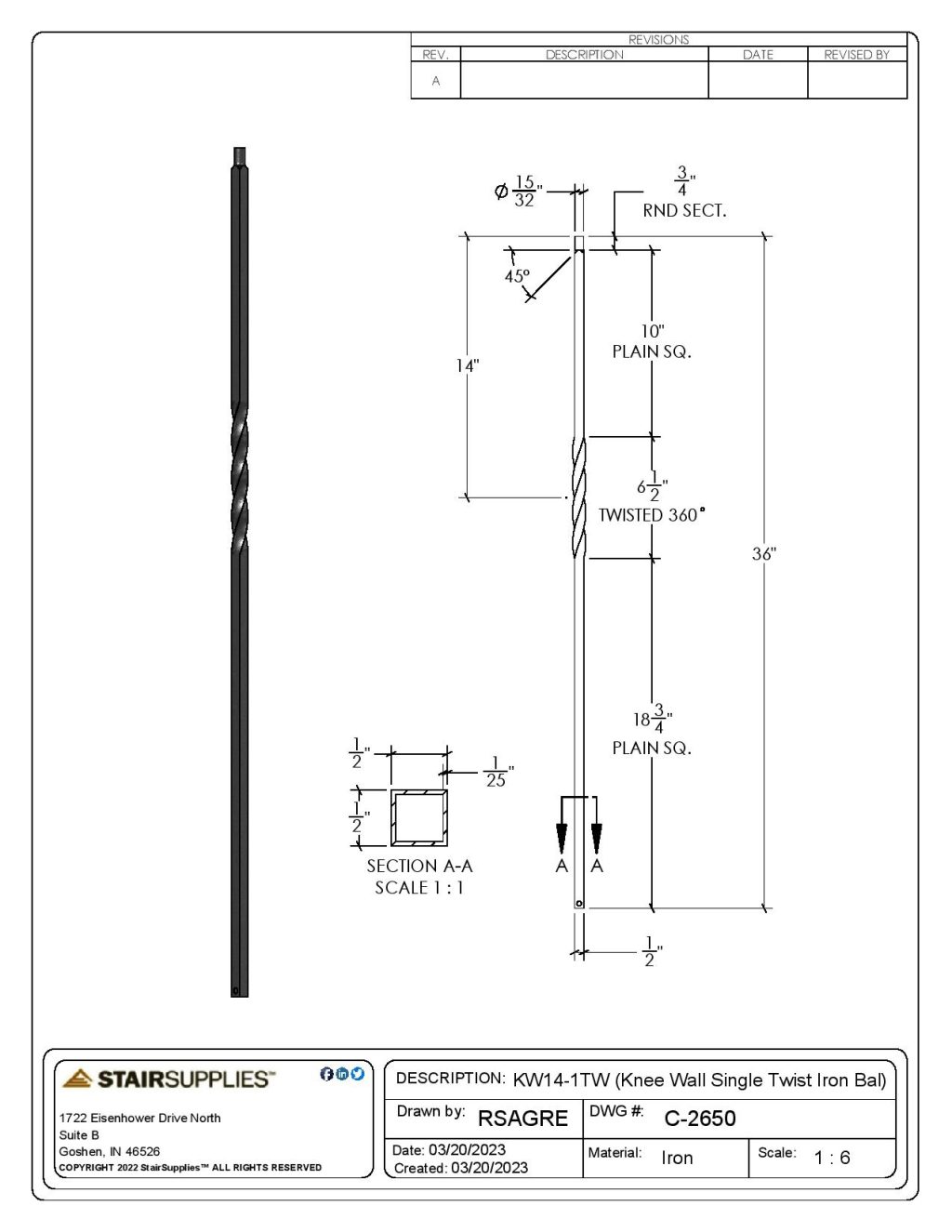2650 Knee Wall Single Twist Iron Baluster - StairSupplies™